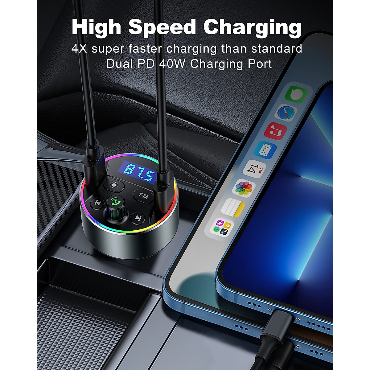 Dual PD 40W Type-C USB Car Charger Bluetooth Car Adapter Bluetooth 5.3 FM Transmitter for Car with Microphone & HiFi Sound MP3 Music Player Radio Audio Receiver Support Hands-Free Calling