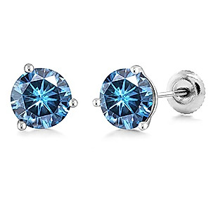 Gem Stone King 14K White Gold Persian Blue Moissanite 3 Prong Martini Screw Back Stud Earrings For Women (2.00 Cttw, Round 6.5MM)