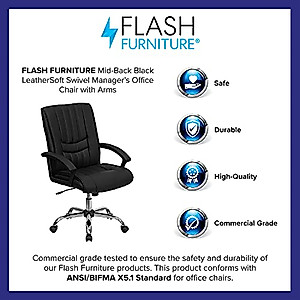 Flash Furniture Hansel Mid-Back Black LeatherSoft Swivel Manager's Office Chair with Arms