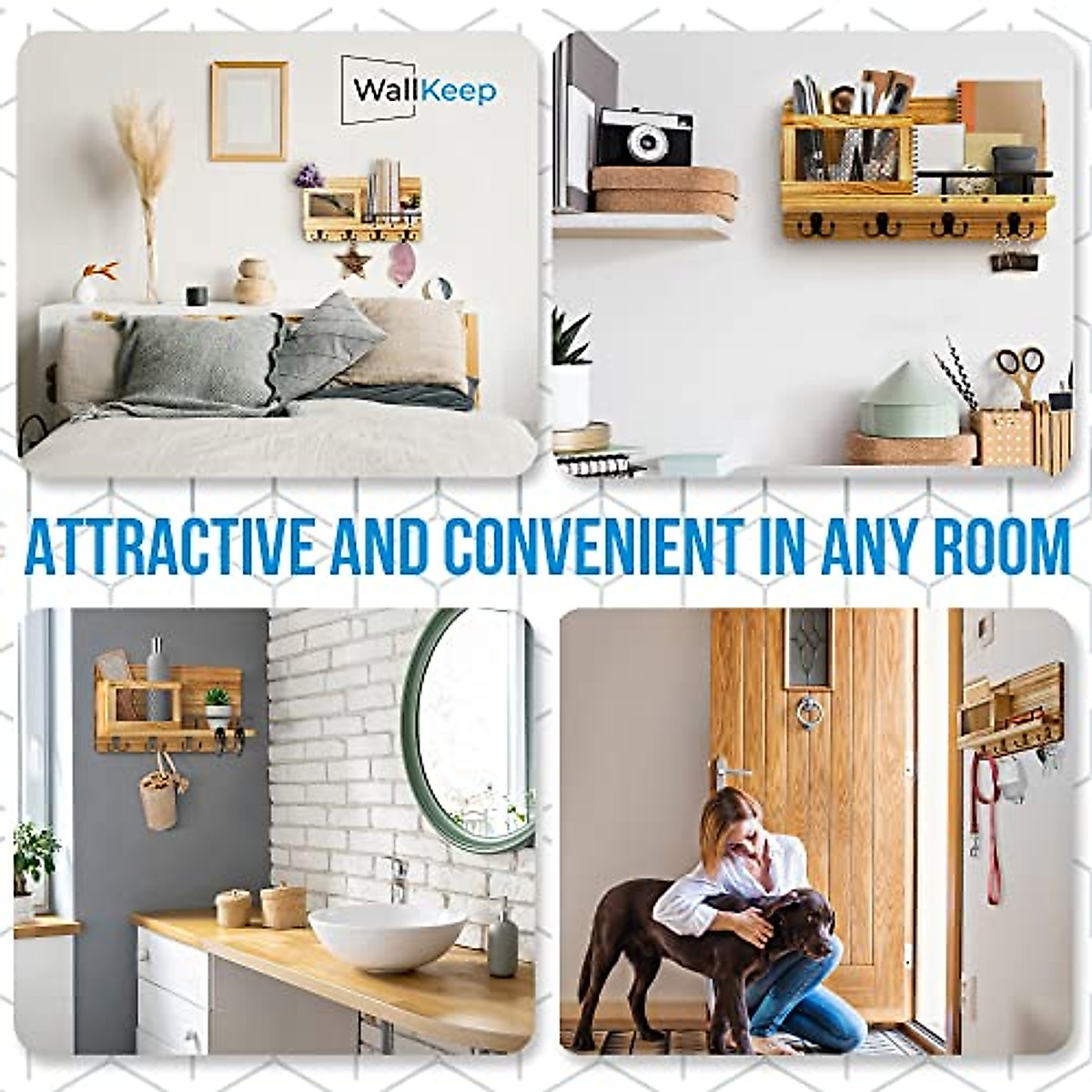 WallKeep Mail and Key Holder for Wall with Decorative Key Hooks - Wall Mount in Entryway, Mudroom or Office. Solid Wood Mail Organizer Floating Shelf Key Rack, Leash Holder and Key Hanger for Wall.