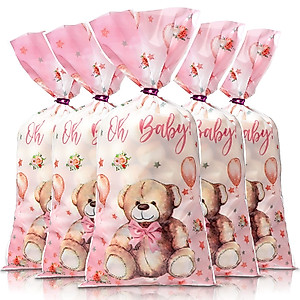 Pajean 100 Pack Bear Baby Shower Treat Bags Bear Cellophane Candy Bag Bulk Plastic Goodie Gift Bags with Metallic Twist Ties for Gender Reveal Birthday Party Favors (Pink)