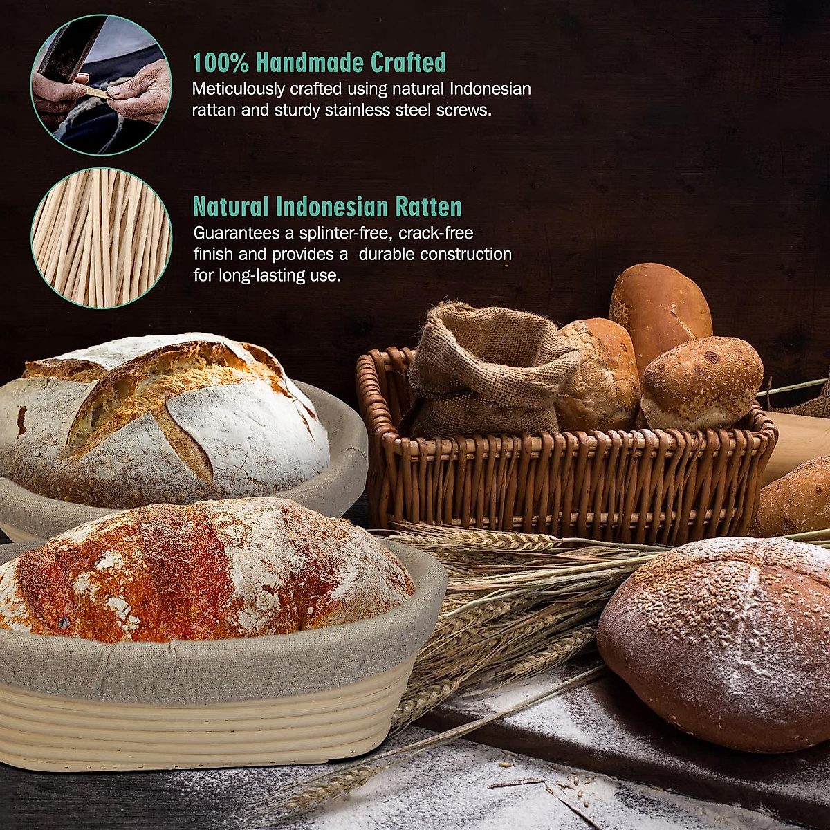 Yebicola Set of 2 Sourdough Banneton Basket, 10 Inch Round & Oval Proofing Baskets for Bread Baking with Bread Lame Dough Scraper Whisk, Sourdough Starter Kit for Home Kitchen Sourdough Bread Making