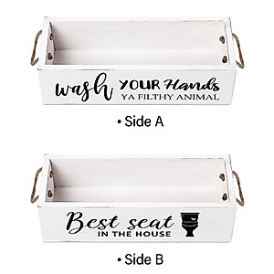 Msyueos Wash Your Hands Toilet Tank Basket Wooden Toilet Paper Basket Storage Box with 2 Sides Signs Toilet Basket Bathroom Decor Box Home Toilet Decor White Basket for Bathroom