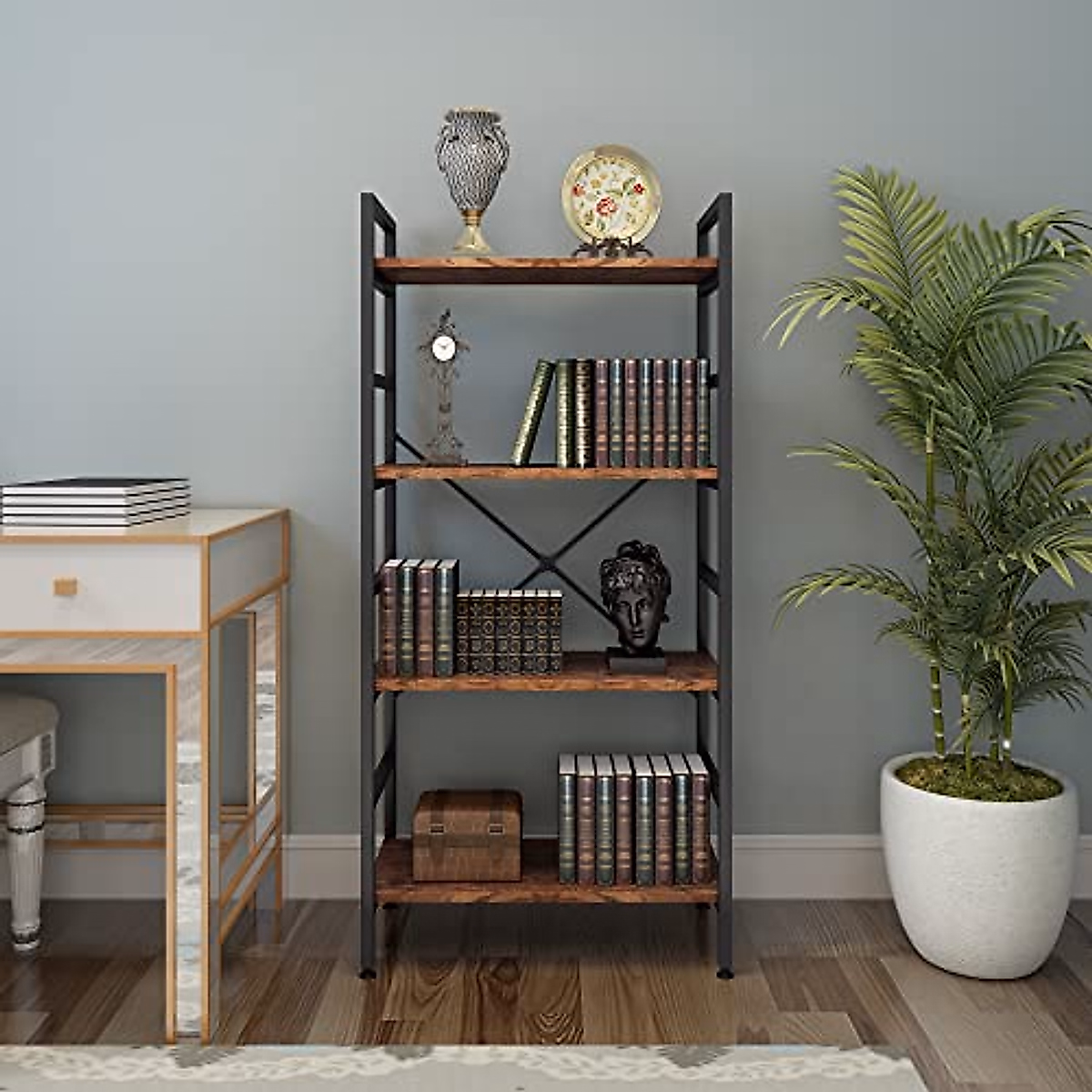 Steehoom 4-Tier Adjustable Bookshelf, Rustic Wood and Metal Standing Tall Bookcase, Open Back Modern Industrial Bookshelves Organizer
