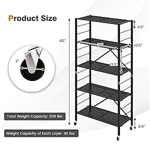 Giantex 5-Tier Folding Bookshelf with Wheels of 2, 60" Tall Foldable Black Metal Shelves for Storage, Freestanding Open Shelving Storage, Easy Assembly Bookcase Display Shelving Rack, Black