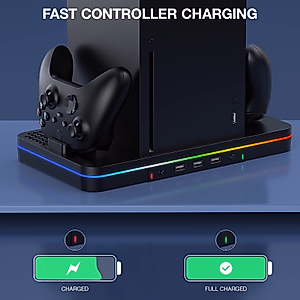 Vertical Charging Stand for Xbox Series X/S with Cooling Fan, Fast Charging Station with 2 X 1100 mAh Rechargeable Battery, Dual Controller Charger Station Accessories with 3 USB Ports&2 Headset Stand