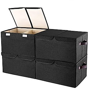 Larger Storage Cubes [4-Pack] Senbowe Linen Fabric Foldable Collapsible Storage Cube Bin Organizer Basket with Lid, Handles, Removable Divider For Home, Nursery, Closet - (16.5x 11.8 x 9.8”)