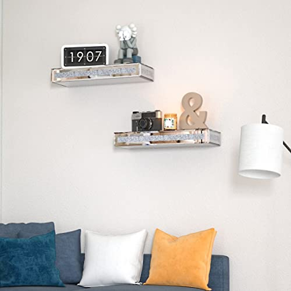 SHYFOY Mirrored Floating Shelves Wall Mounted Set of 2, Glitter Mirror Storage Wall Shelves for Bedroom, Living Room, Bathroom, Kitchen, Office and More, 15"x5.9"x2.2", Silver