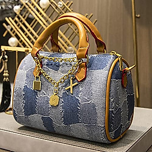 Mini Small Denim Purse Jean Purse Boston Barrel Bags Quilted Checkered Purse Top Handle Canvas Tote Bag Crossbody bags Satchel Handbag for Women,Blue