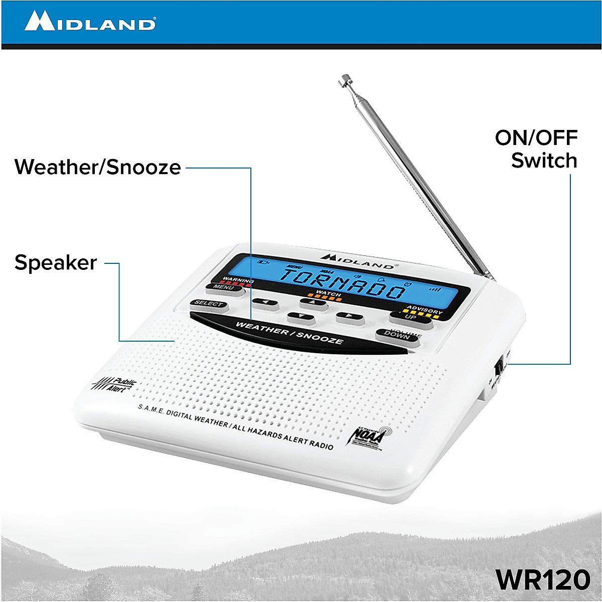 Midland - WR120, NOAA Emergency Weather Alert Radio - S.A.M.E. Localized Programming, Trilingual Display, 60+ Emergency Alerts, & Alarm Clock (WR120C - Clam Packaging)