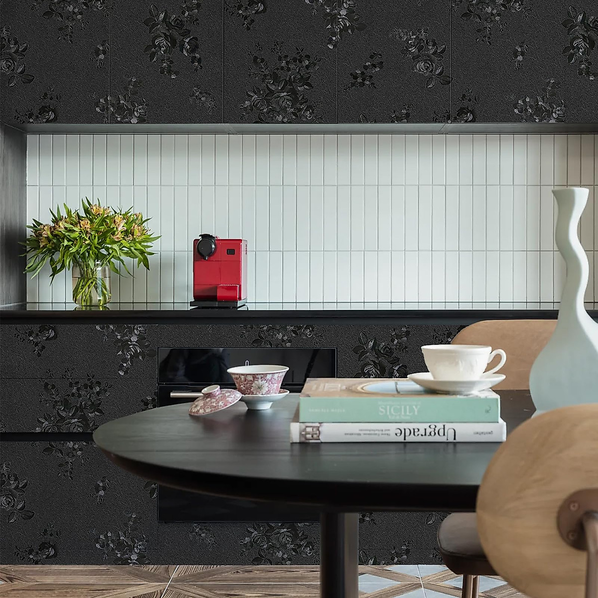 Lativo Black Peel and Stick Wallpaper Silk Embossed Floral Contact Paper for Cabinets Drawers Furniture 118×17.7''Textured Flower Wallpaper Removable Kitchen Wallpaper for Bathroom Waterproof Thicken