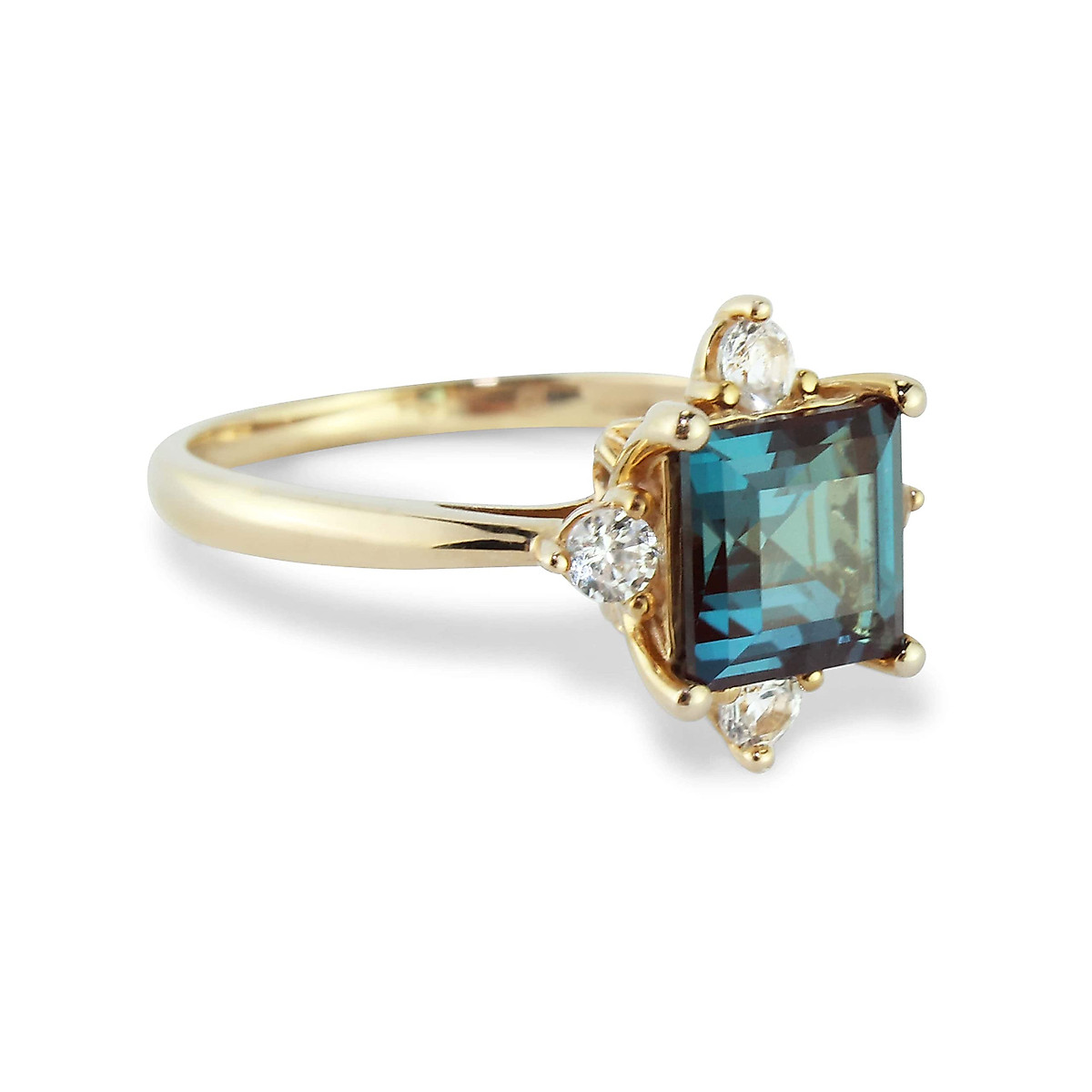 Heartland By Beverley Mitchell 10K Rose Gold 7mm Square Cut Teal Lab-Created Alexandrite & Lab-Created White Sapphire Cathedral Statement Ring - Size 8