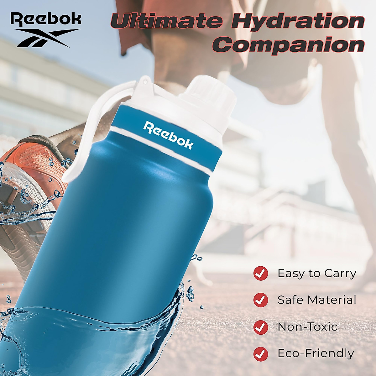 Reebok Stainless Steel Water Bottle With Athletic Design - Insulated Water Bottle 32 oz With Chug Lid - Double Wall Vacuum Insulated Sports Water Bottle, BPA Free (Blue)