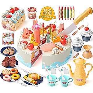 Birthday Cake Toys Set, Geyiie Cake Play Tea Party Dessert Set with Light, 88 PCS Pretend Play Cutting Food with Chocolate,Fruit Decor,Candles and More,Gift Choice for Toddlers Boys Girls