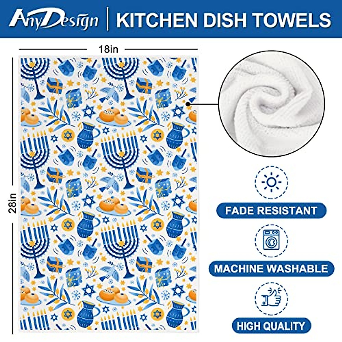 AnyDesign Happy Hanukkah Kitchen Towel 18 x 28 Inch Blue Watercolor Candlestick Dish Towel Jewish Festival Tea Towel Hand Drying Towel for Home Kitchen Cooking Baking, 2 Packs