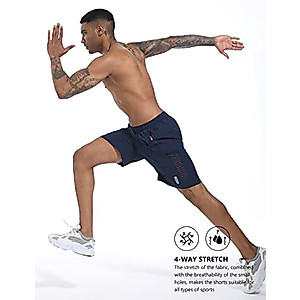 Purltoan Gym Shorts for Men Quick-Dry Workout Hiking Shorts 7 Inch Sports Running Sweat Shorts with Zipper Pockets Navy L