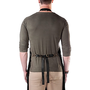 Under NY Sky No-Tie Black Apron with Full Grain Leather Straps – Durable Twill, Split-Leg, Adjustable for Men and Women – Pro Chef, Pastry, Tattoo Artist, Barista, Bartender, Stylist, Server Aprons