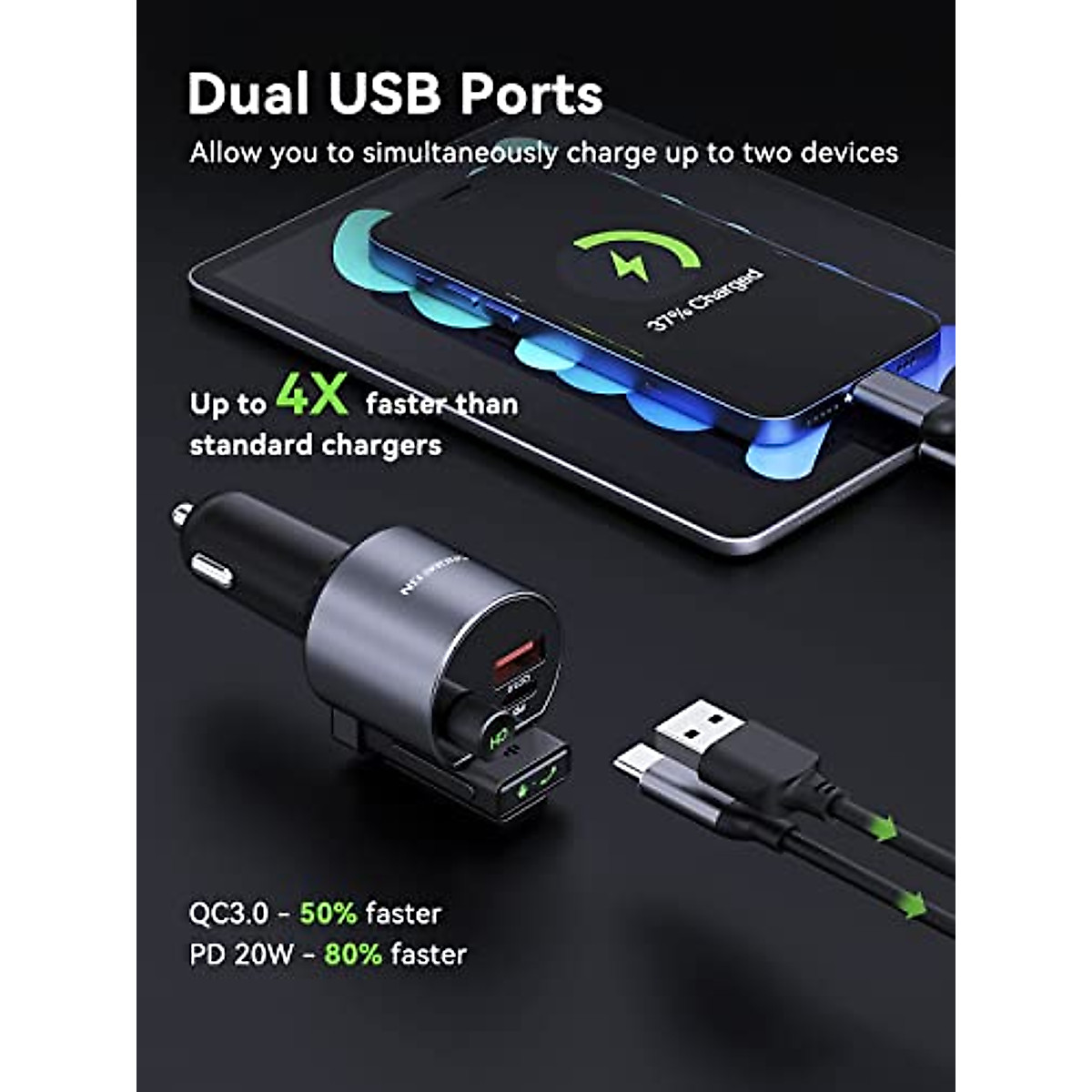 2022 Upgraded Bluetooth Transmitter for Car, Bluetooth 5.1 Car Adapter Car Kit with Dual Car Charger Support 38W PD+QC 3.0 Fast Charging, Noise Canceling Hands-Free Calls