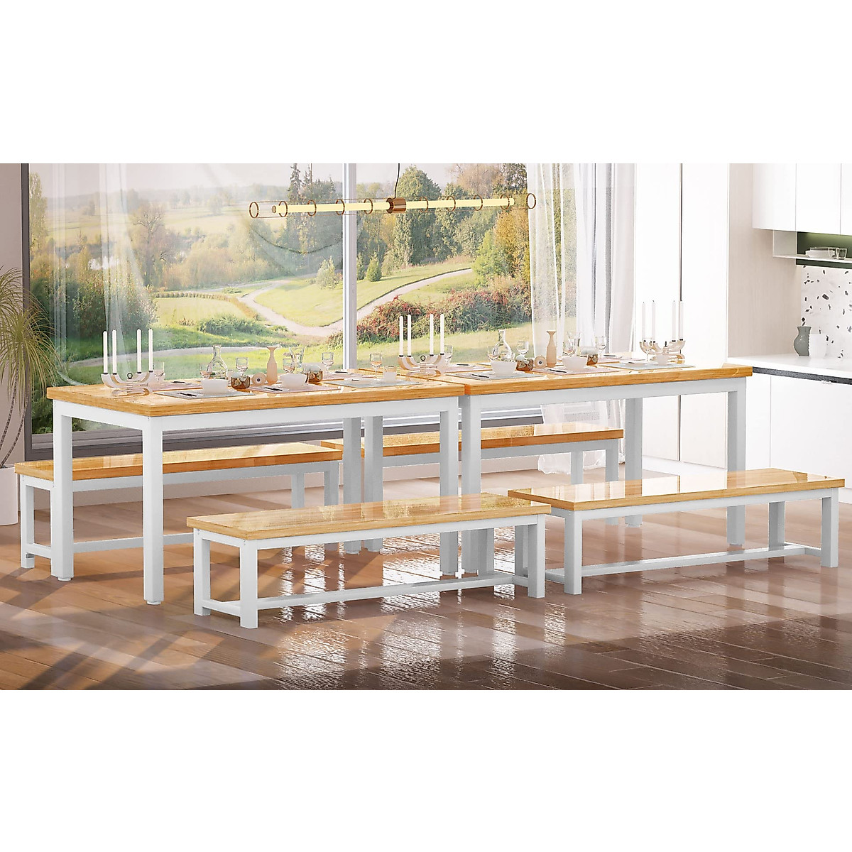 AWQM 43.3" Dining Table Set for 4, Kitchen Dining Table with 2 Benches, Dining Room Table Set with Metal Frame & Thickened Board for Kitchen, Restaurant, Oak