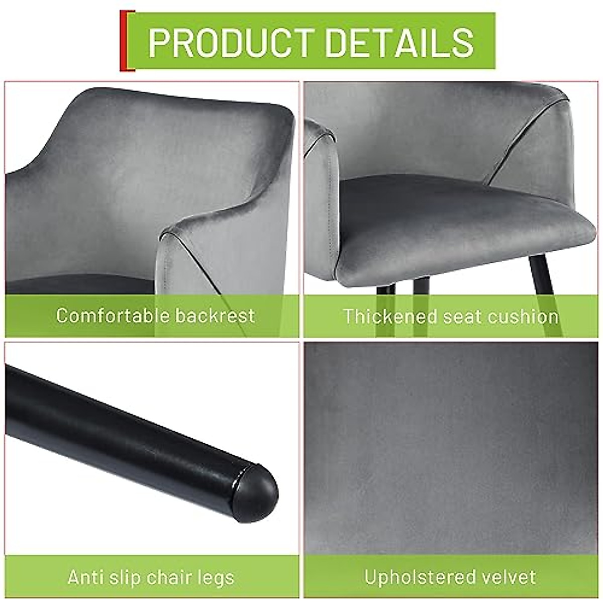 FurnitureR Set of 2, Velvet Fabric Side Accent Arm Scandinavian Modern with Metal Legs for Home Kitchen Living Bedroom Dining Chair, Grey