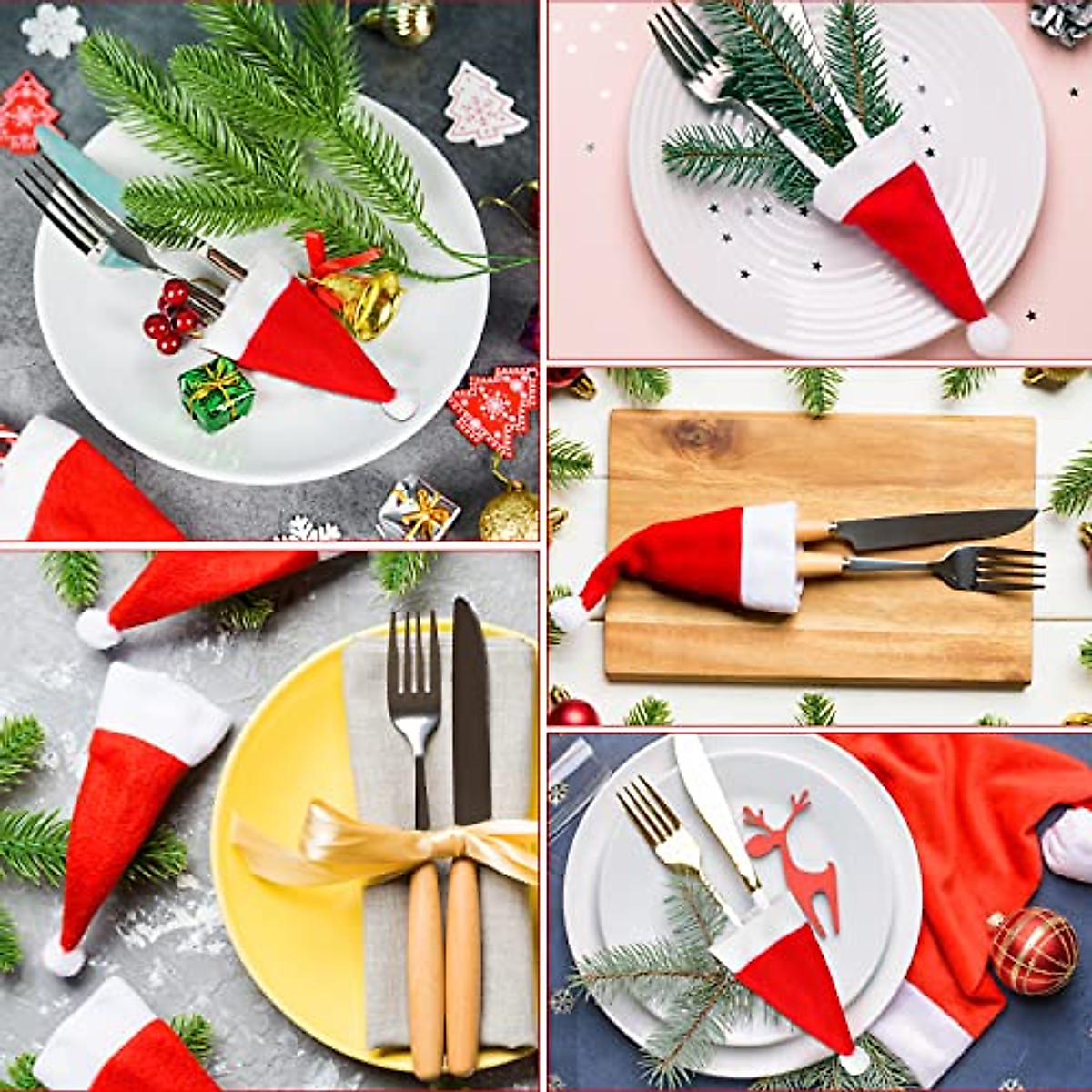 cobee 20 Pcs Christmas Cutlery Holders, Christmas Santa Hats Silverware Holders, Xmas Hat Tableware Cutlery Bags Christmas Pocket Knifes Forks Holders Dinnerware Decorations for Home Party