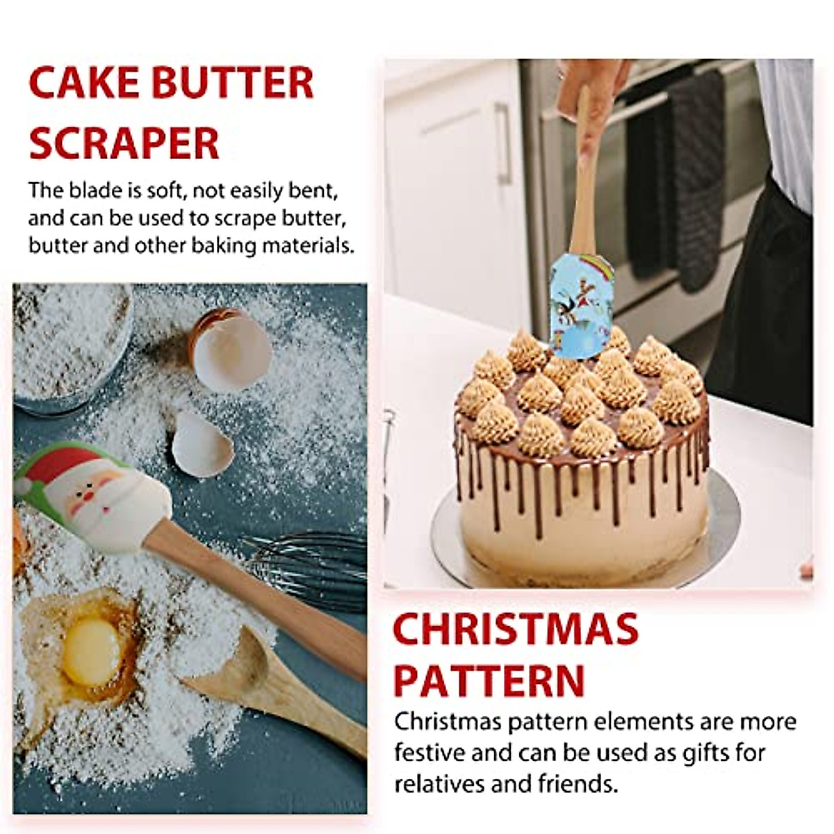 Christmas Spatula Set, 4 Pieces Kitchen Christmas Silicone Spatula Set with Wooden Handle for Baking Cooking and Christmas Gifts ( Assorted Color )