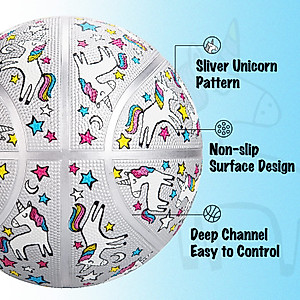 Richball Kids Basketball Size 5 Youth, 27.5" Girls Basketball Indoor Outdoor, Cartoon Unicorn Pink Basket Ball for Juniors Teens, Street Ball Games with 1 Pump, 1 Net