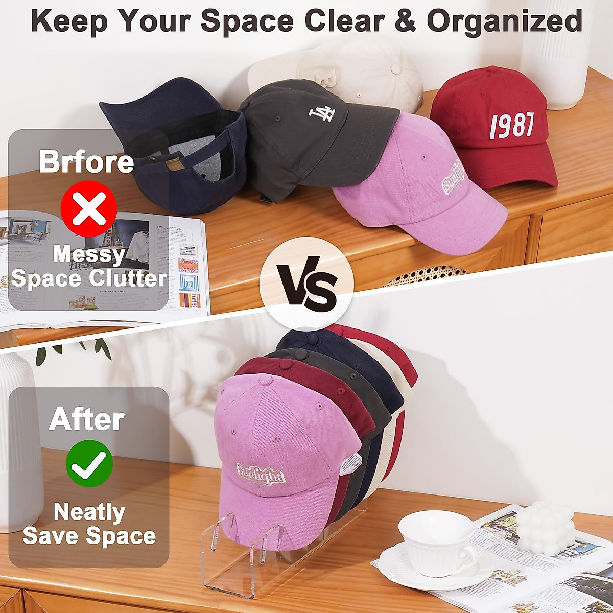 PYOF 2024 New Hat Stand for Baseball Caps - 2 Pack Hat Organizer for 14 Baseball Caps No Install Hat Storage Display Rack Acrylic Hat Holder for Closet, Bedroom, Dresser, Entrance (Clear)