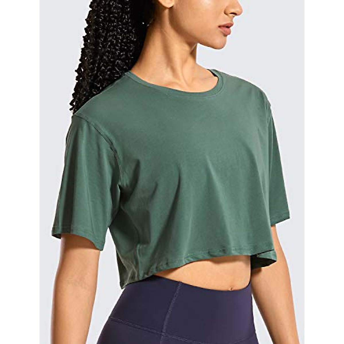 CRZ YOGA Women's Pima Cotton Workout Crop Tops Short Sleeve Yoga Shirts Casual Athletic Running T-Shirts Graphite Green Small