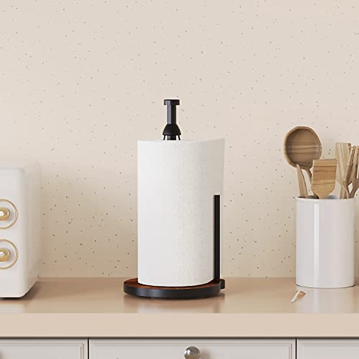 VEHHE Paper Towel Holder Stand, Wood Farmhouse Paper Towel Holder Countertop with Ratchet System and Suction Cups, Stainless Steel Perfect Tear Paper Towel Roll Holders with Wooden Base- Black