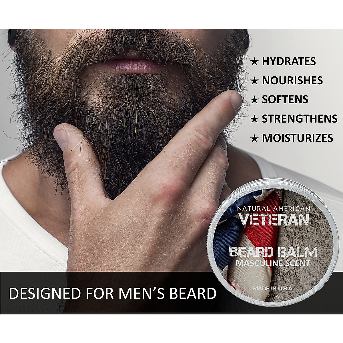 NATURAL AMERICAN VETERAN Beard Balm – 100% All Natural, Masculine Scent, Essential Oils with Organic Shea Butter – Moisturizes, Softens & Strengthens - Made in USA – Conditioning Beard Balm, 2 oz