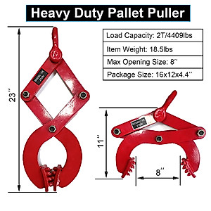 Pallet Puller 2T/4409lbs Capacity Heavy Duty Steel Single Scissor for Pulling Pallets, Woods and Other Things Easily, 8 Inches Bigger Jaw Opening Pallet Grabber