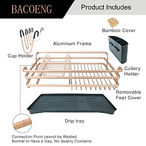 BACOENG Aluminum Dish Drying Rack,Never Rust Dish Rack with Removable Cutlery Holder & Cup Holder, 360° Swivel Spout Drain Board,Gold