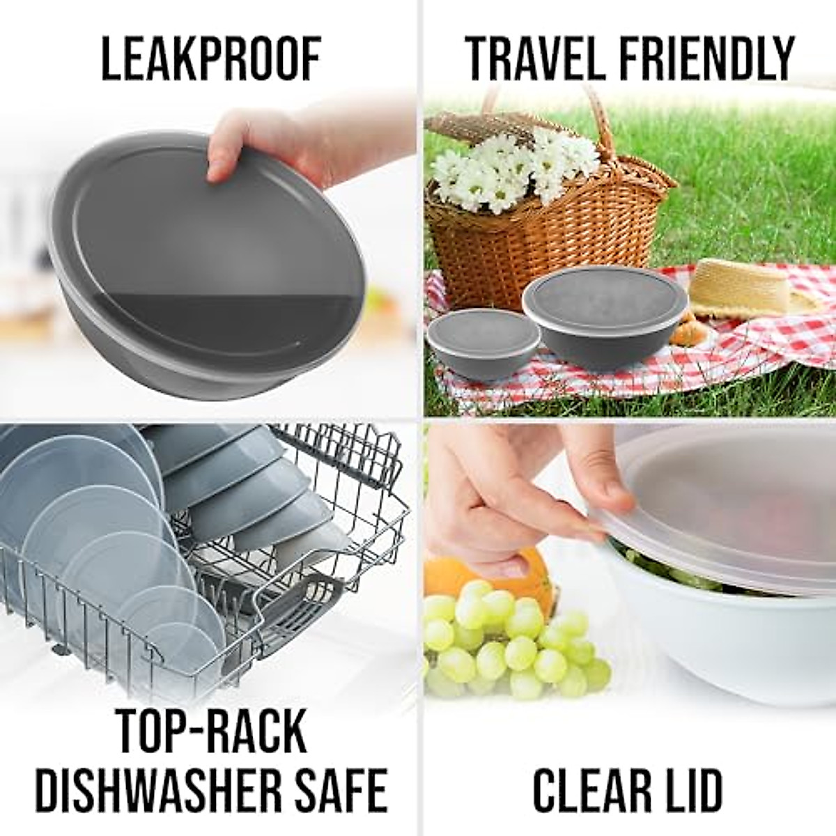 Zulay Kitchen 12 Piece Plastic Mixing Bowls with Lids Set - Colorful Mixing Bowl Set for Kitchen - Nesting Bowls with Lids Set - Microwave and Freezer Safe (Gray Ombre)