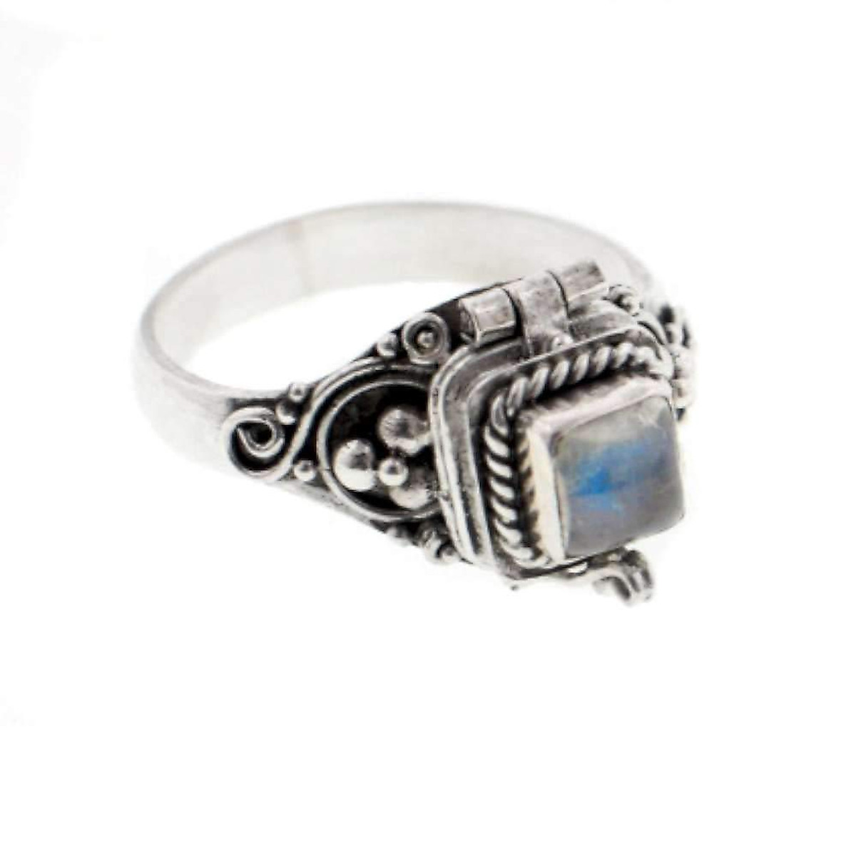 Square Sterling Silver Rainbow Moonstone Poison Box Locket Ring Size 9(Sizes 4,5,6,7,8,9,10,11)