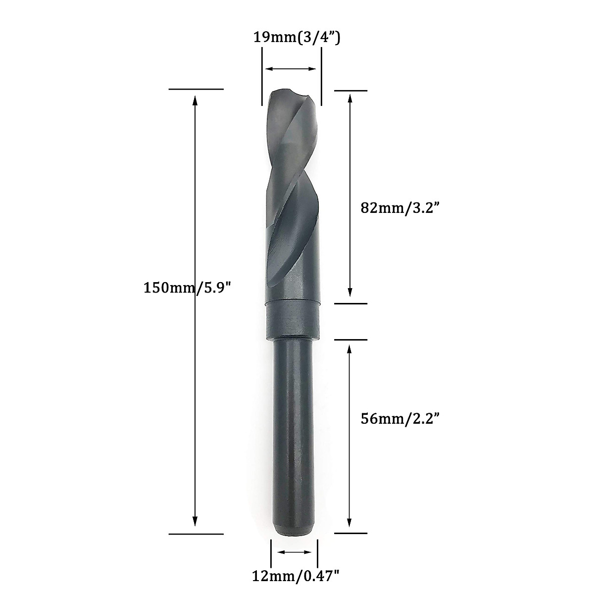 3/4” HSS Drill Bit, ½” Reduced Shank High Speed Steel Twist Drill Bit, 19mm Cutting Dia 12mm Shank 150mm Length