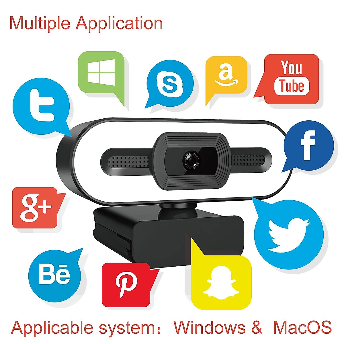 Goaic 1080p HD Webcam with Adjustable Ring Light Wide Angle Camera USB 2.0 Plug and Play Computer Web Camera, for Video Streaming, Conference, Game,Study