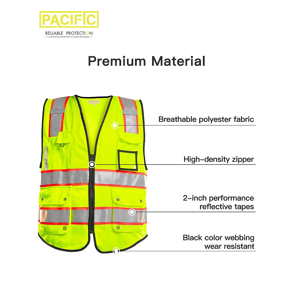 PACIFIC 10 Pockets Safety Vest for Men, 3M High Visibility Reflective Strips with Pockets and Zipper, ANSI Class 2, Yellow, X-Large