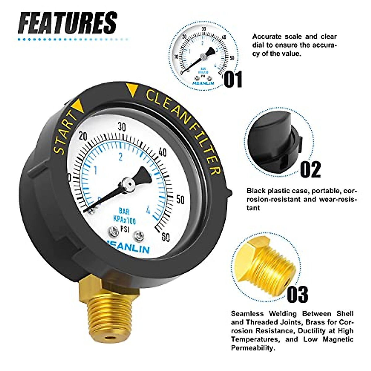 MEANLIN MEASURE 0~60Psi Plastic Frame 1/4" NPT Start and Clean Filter Pressure Gauge，Suitable for Swimming Pool, spa, Aquarium，Lower Mount