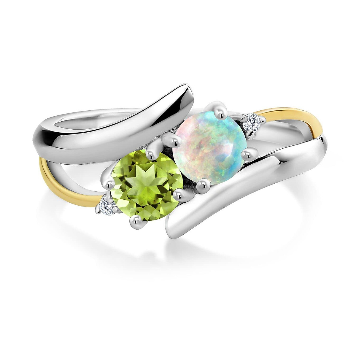 925 Sterling Silver and 10K Yellow Gold Round Cabochon White Simulated Opal Green Peridot and Lab Grown Diamond 2 Stone Crossover Ring For Women (1.07 Cttw, Available 5,6,7,8,9) (Size 9)