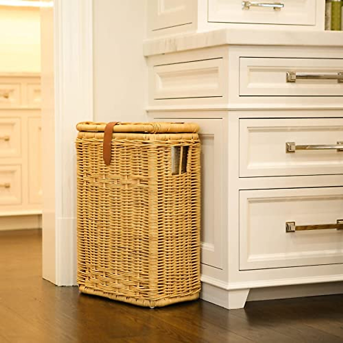 The Basket Lady Wicker Kitchen Trash Basket with Metal Liner, 16 in L x 10.5 in W x 24 in H, Sandstone