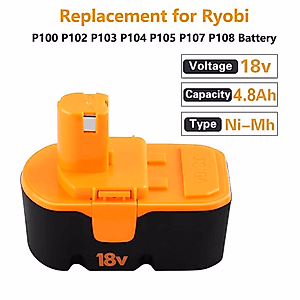 VANON 2Pack 18V 4.8Ah Ni-Mh P100 Replace for Ryobi 18V Battery P101 130224028 130224007 ABP1801 ABP1803