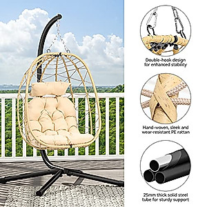 YITAHOME Hanging Egg Chair with Stand Swing Chair Wicker Indoor Outdoor Hammock Egg Chair with Cushions 330lbs for Patio, Bedroom, Garden and Balcony, Beige