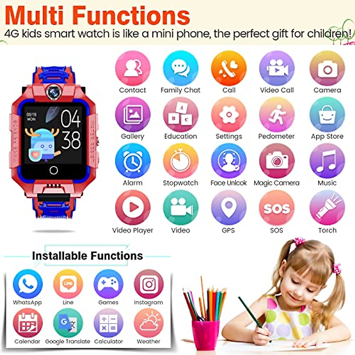 OKYUK 4G Kids Watch Phone T10, Funny 360° Rotation Screen Dual Camera Smart Watch for Boys Girls, IP67 Waterproof, 2-Way Calls, GPS, SOS, Video Calls, Remote Control, Pedometer Smartwatch