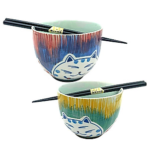 Donburi Bowl and Chopstick Set with Cat Design, Ceramic Bowls for Ramen, Noodles, and Rice, Made in Japan, Set of 4, 5 Inches