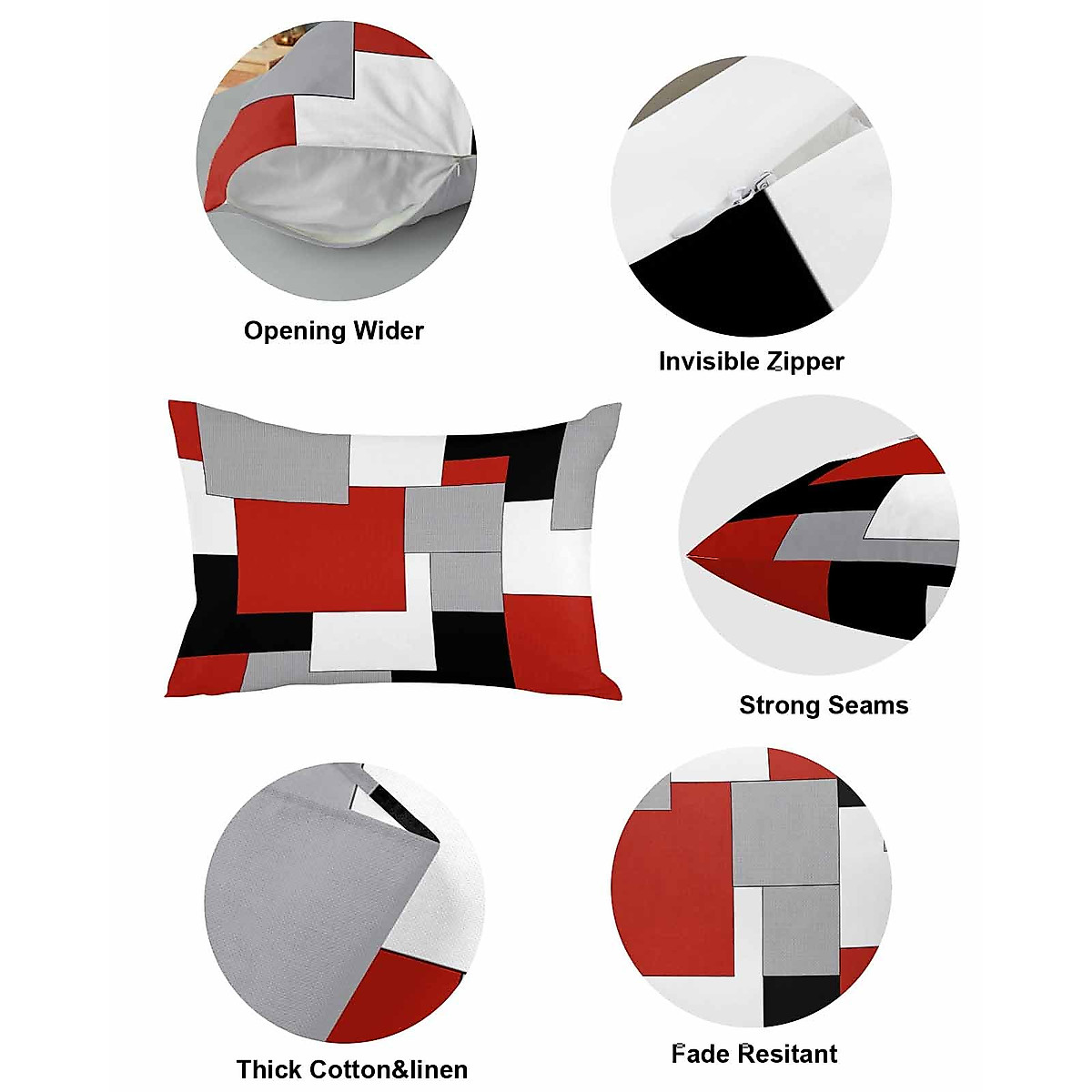 Pillow Cases Linen Pillow Shams White Grey Black Red Abstract Irregular Geometric Pillow Cases Set of 2 12x20 Inches Pillowcases Rectangle Cushion Covers Flax Soft Linen Pillow Covers for Couch Sofa