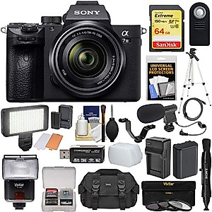 Sony Alpha A7 III 4K Digital Camera & 28-70mm FE OSS Lens with 64GB Card + Battery & Charger + Case + 3 Filters + Tripod + Flash + LED Light + Mic Kit
