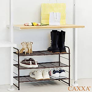 CAXXA Stackable and Expandable Shoe Rack, 3 Shelves Metal Wire Utility Rack, Bronze