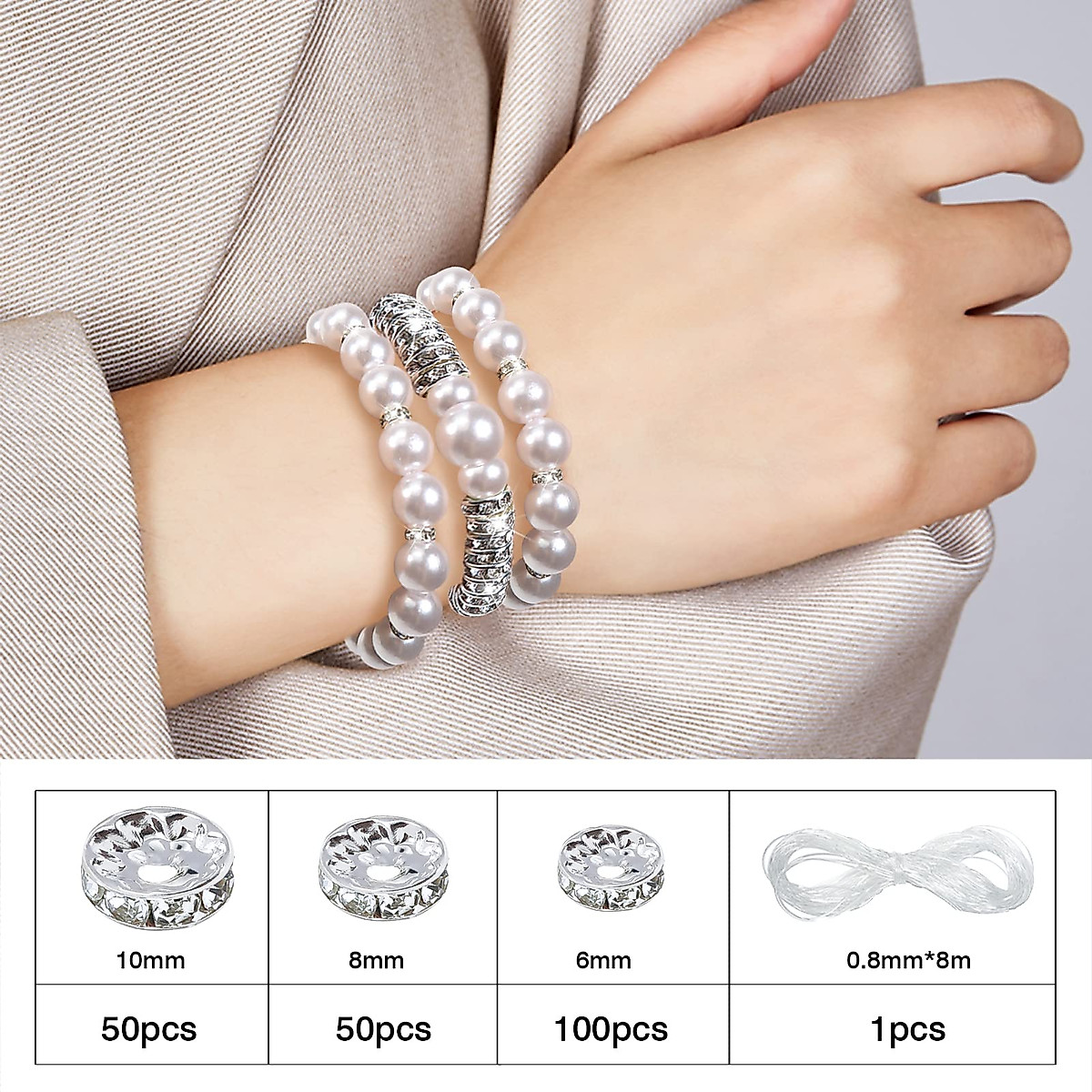 TOAOB 200pcs Rondelle Spacer Beads 6mm 8mm 10mm Round Crystal Czech Loose Spacer Beads Silver Rhinestone Charms Beads with Elastic String for DIY Crafts Jewelry Making Necklace Bracelet