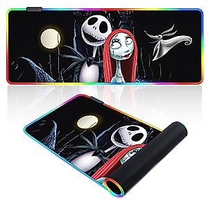 OIDOJHID RGB Skull Mouse Pad,Nightmare Before Christmas Large Gaming Mousepad with 14 Lighting Modes,Non-Slip Computer Keyboard Desk Mat,31.5×11.8 inches (A)